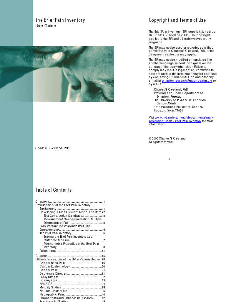 The Brief Pain Inventory: User Guide | PDF | Pain | Psychometrics