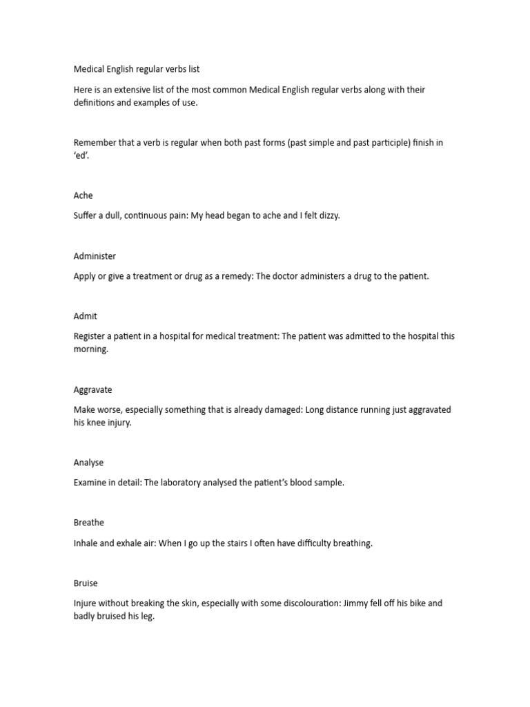 Medical English Regular Verbs List | PDF