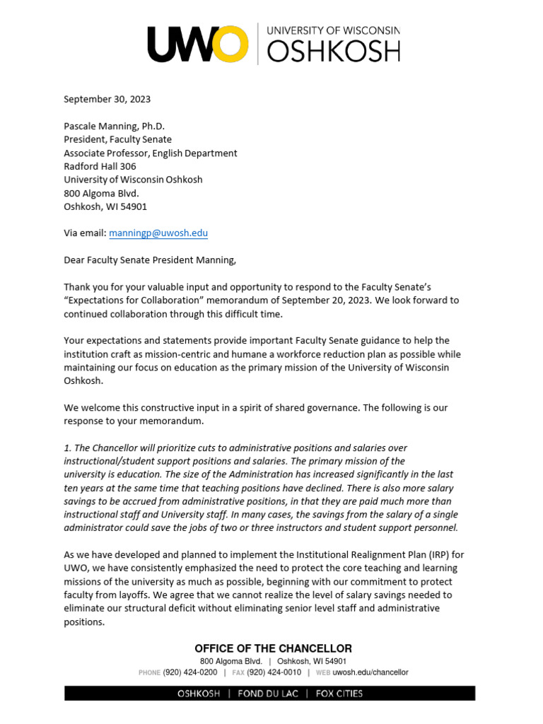 AJL and EAM To Fac Sen President Manning 9-30-23 | PDF | Provost ...