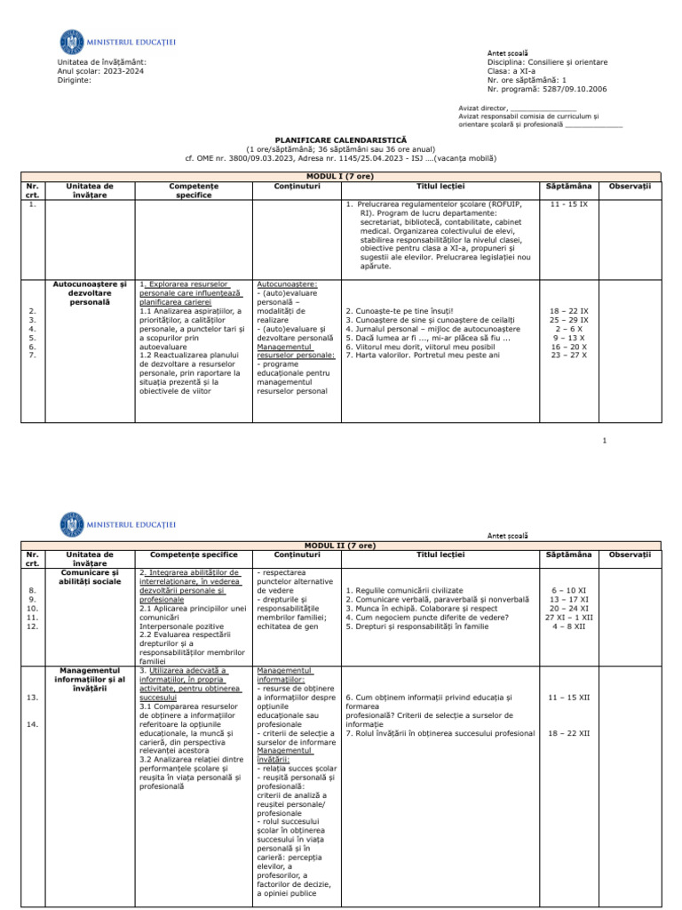Planificare Xi Dirigentie Module | PDF