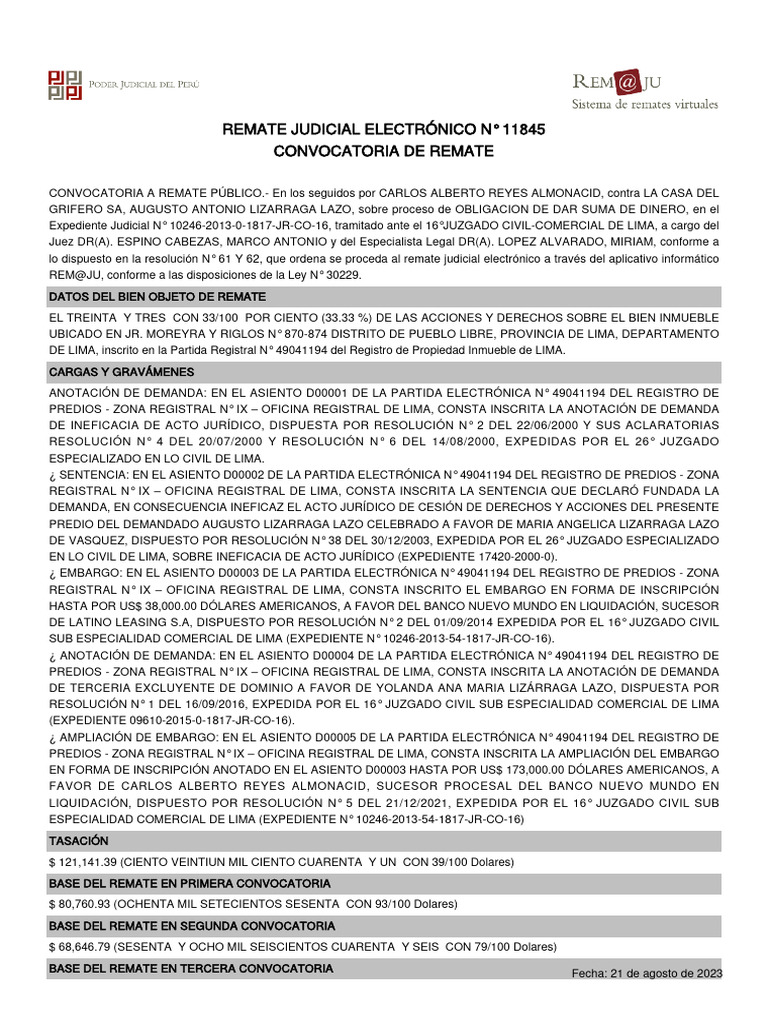 Aviso de Remate 11845 | PDF