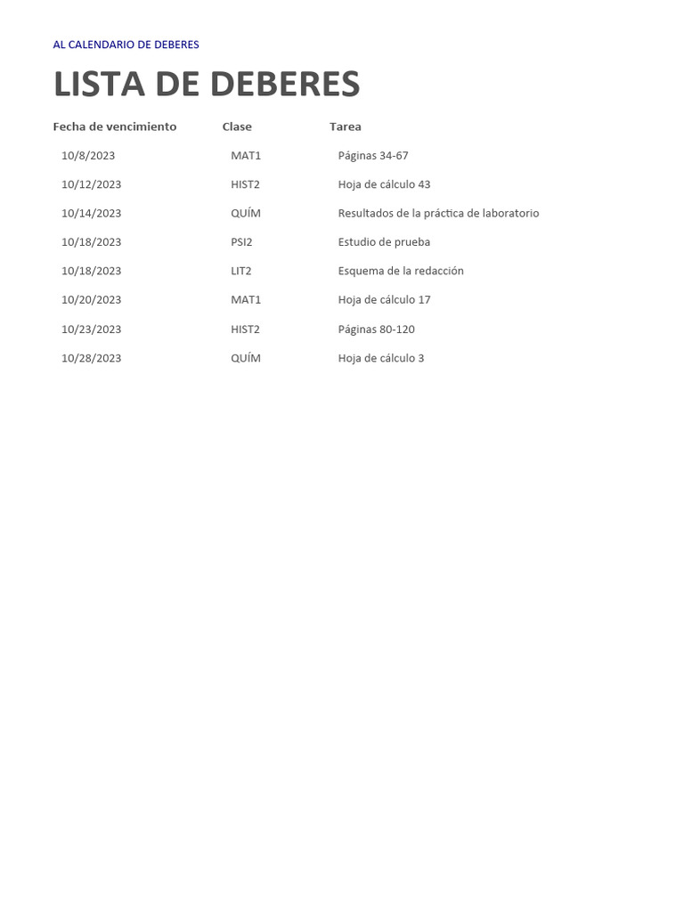 Calendario de Deberes | PDF