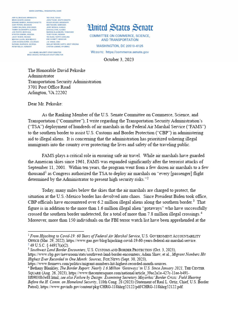 10.3 Cruz Letter To TSA On Air Marshals | PDF | Transportation Security Administration | U.S ...