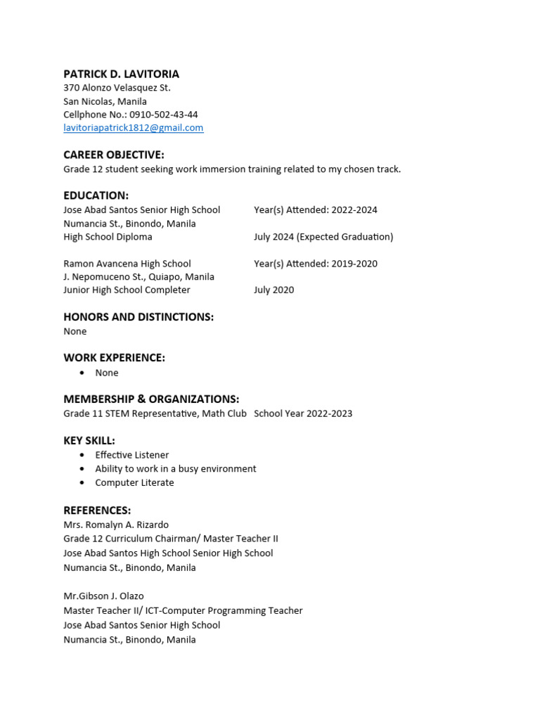 Resume Example GR12 Wisdom | PDF