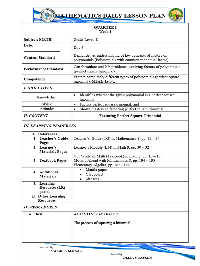 Dlp-Mathematics 8 (Week 1, Day 4) | PDF
