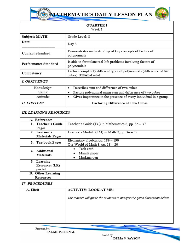 Grade 8 Math: Factoring Polynomials | PDF | Learning | Lesson Plan