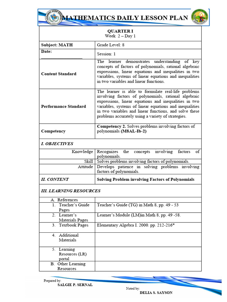 Dlp-mathematics 8 (Week 2, Day 1) | PDF
