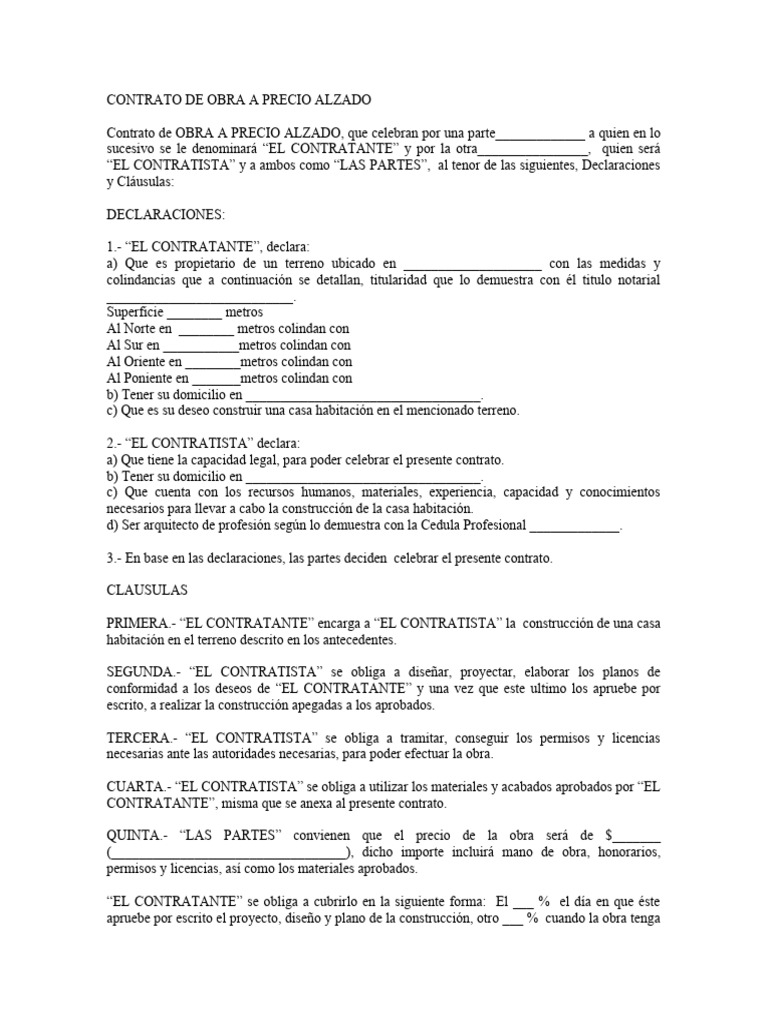 Formato De Contrato De Obra A Precio Alzado