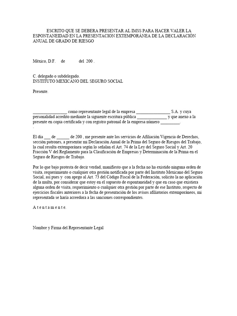 Escrito Espontaneidad Declaracion Grado de Riesgo | PDF