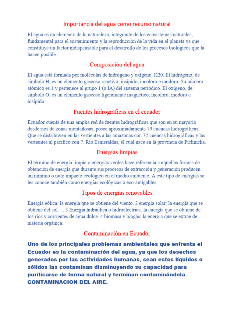 Importancia Del Agua Como Recurso Natural | PDF
