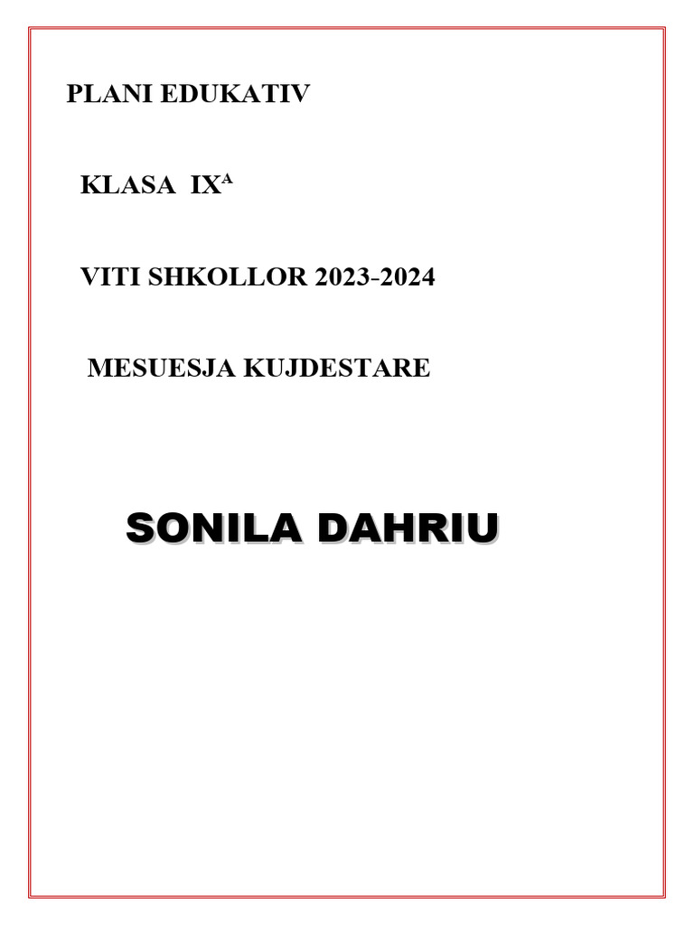 Plani Edukativ Klasa 9 2023-2024 - SONILA | PDF