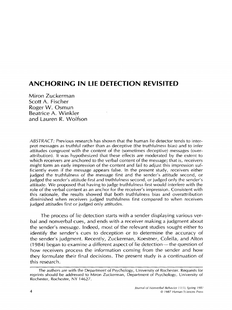 Zuckerman Et Al 1987 Anchoring In Lie Detection Revisited Pdf