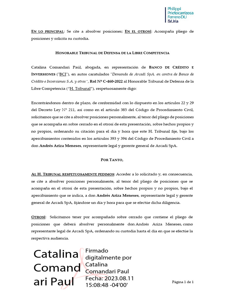 Escrito Absolución de Posiciones - Arcadi | PDF | Derecho