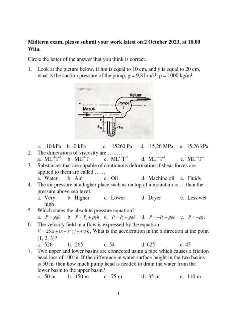 Midterm Exam: Fluid Mechanics Questions | PDF