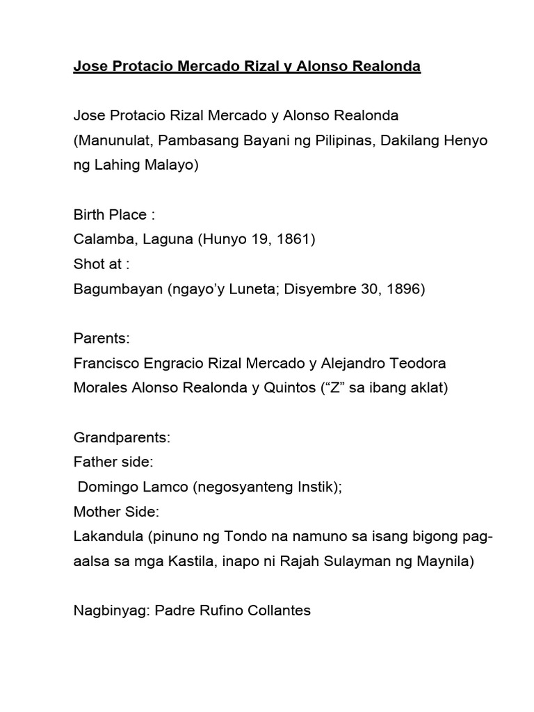Jose Protacio Mercado Rizal y Alonso Realonda Reviewer | PDF