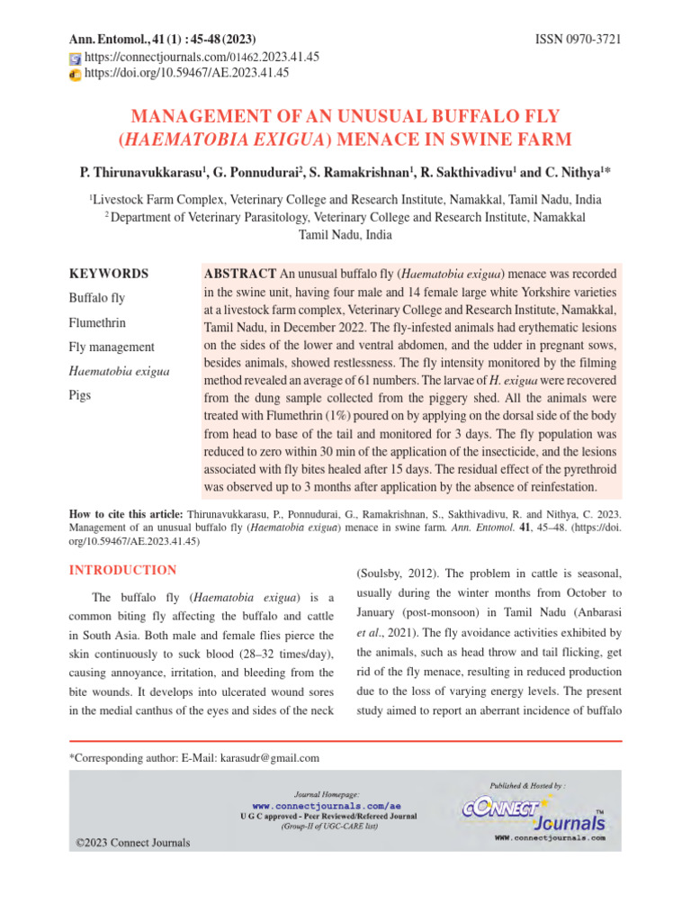 Management Of Unusual Buffalo Fly Menace In Swine Farm Pdf