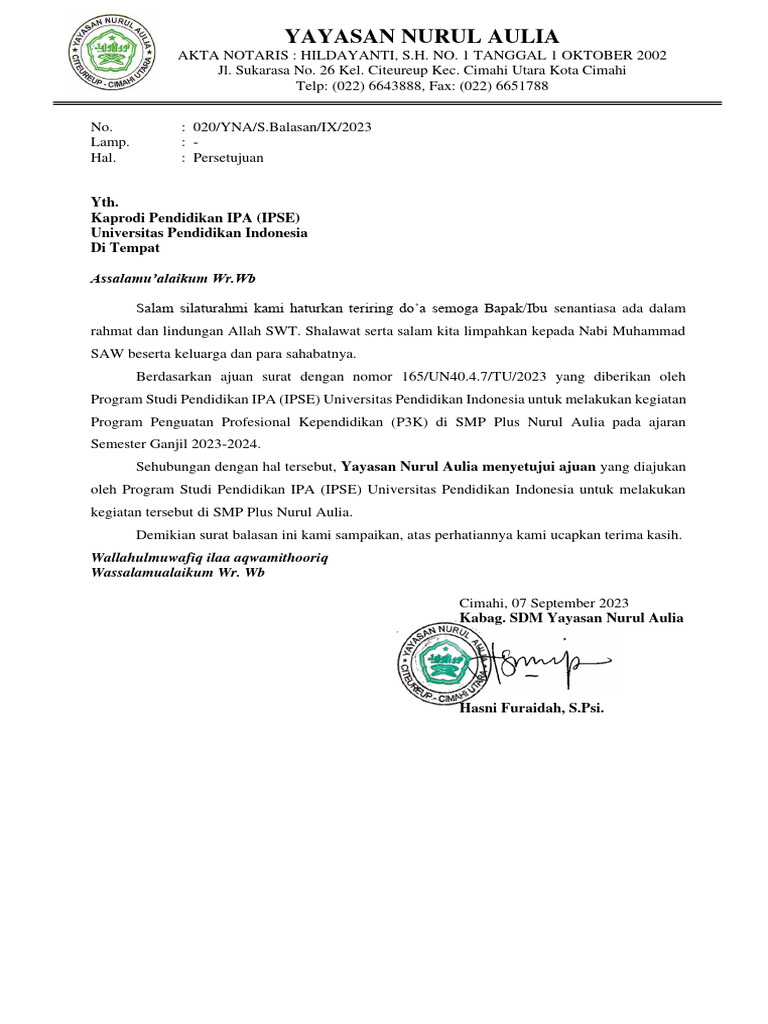 Surat Balasan Izin P3K UPI | PDF