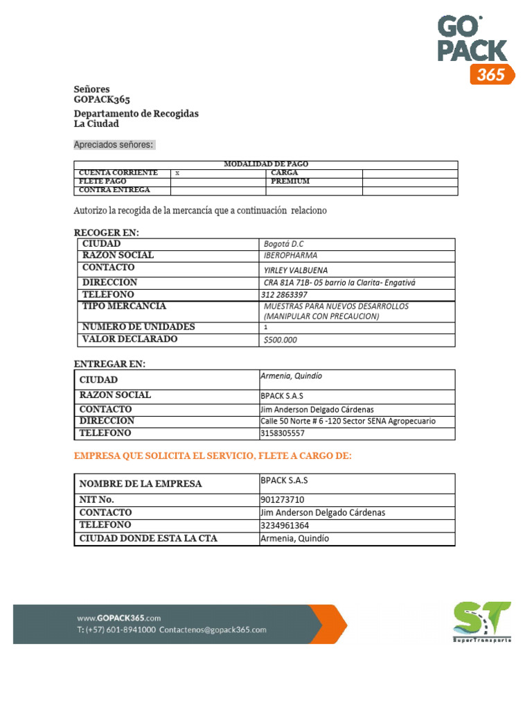 Formato de Recolecciones GoPack365 IBEROPHARMA | PDF