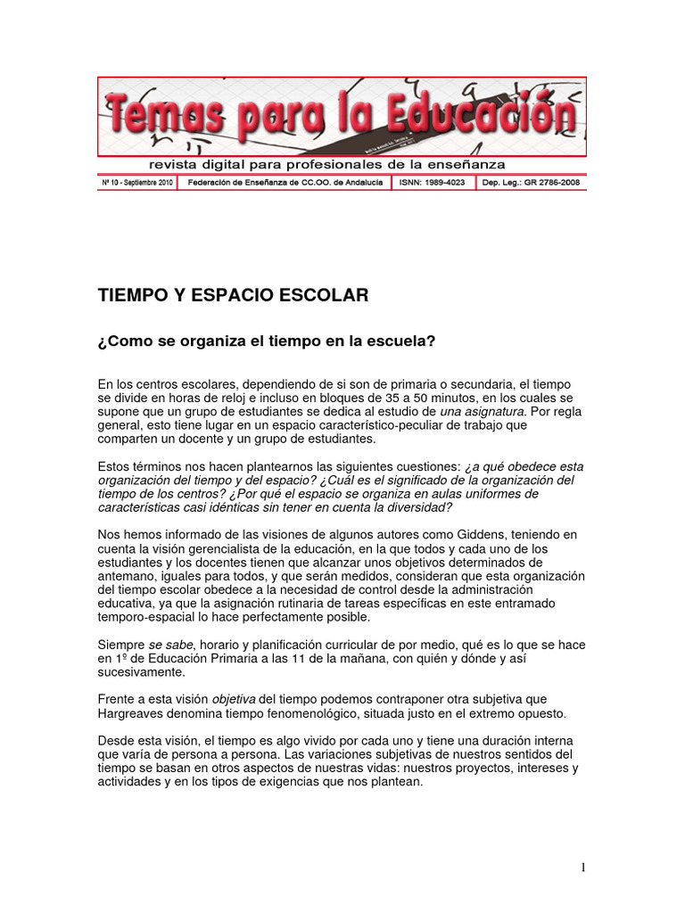 Tiempo Y Espacio Escolar: ¿Como Se Organiza El Tiempo en La Escuela ...