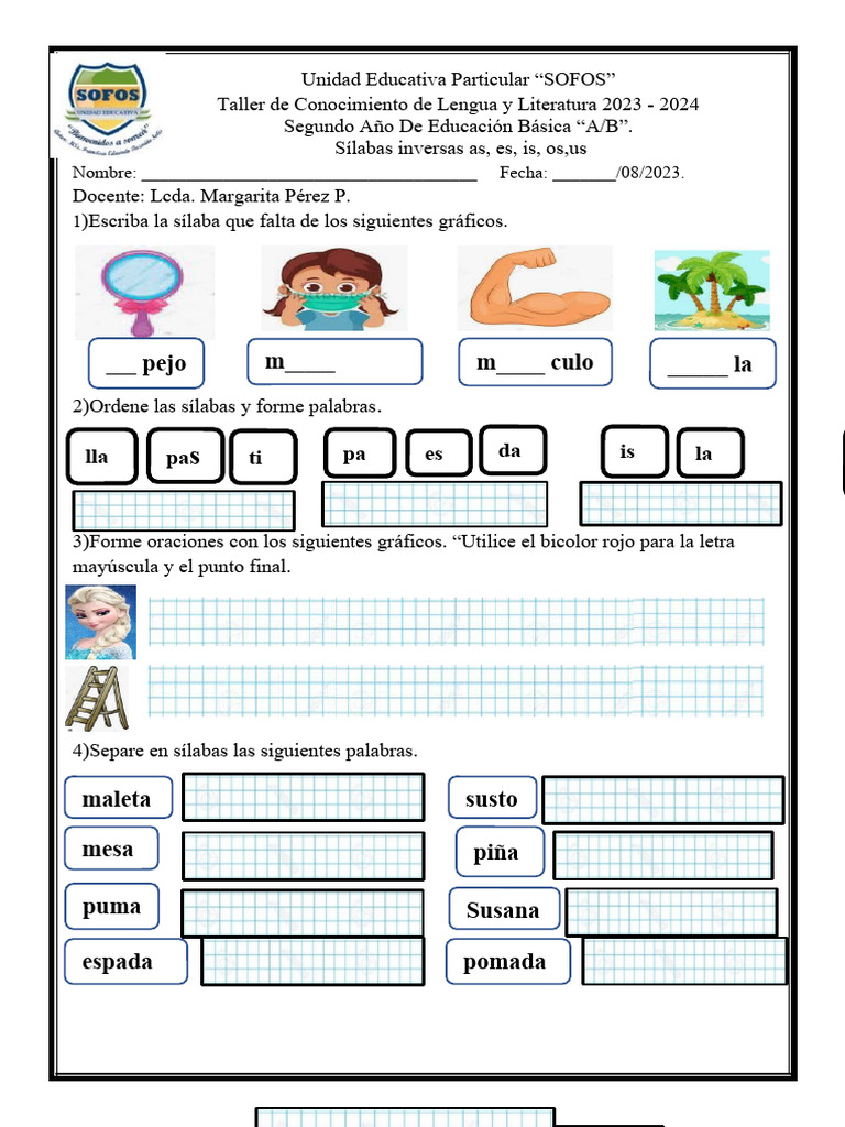 Taller de Refuerzo Sílabas Inversas As Es Is Os Us | PDF