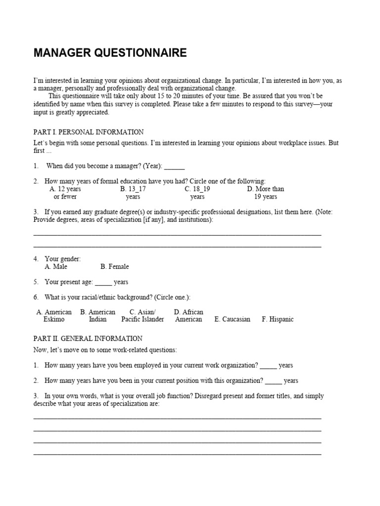 Manager Questionnaire | Download Free PDF | Race And Ethnicity In The ...