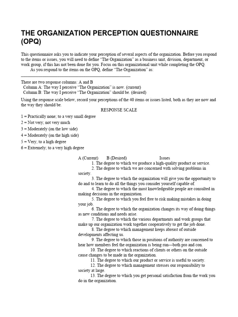 The Organization Perception Questionnaire (OPQ) | PDF