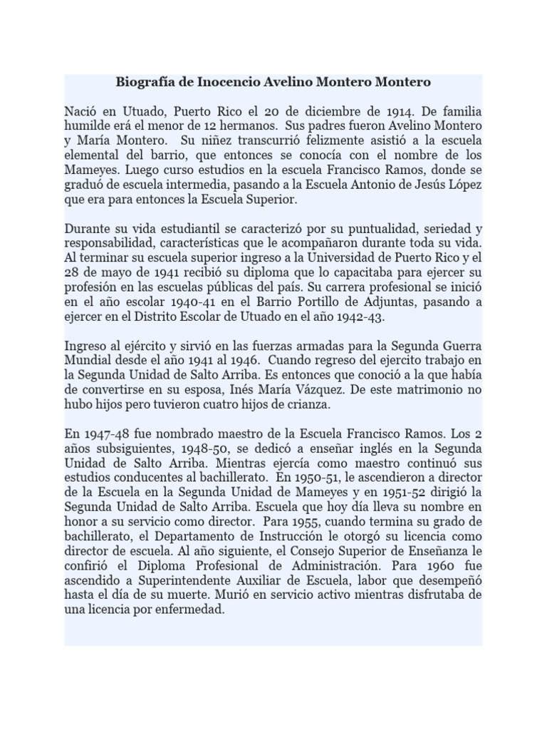 Biografía de Inocencio Avelino Montero Montero | PDF