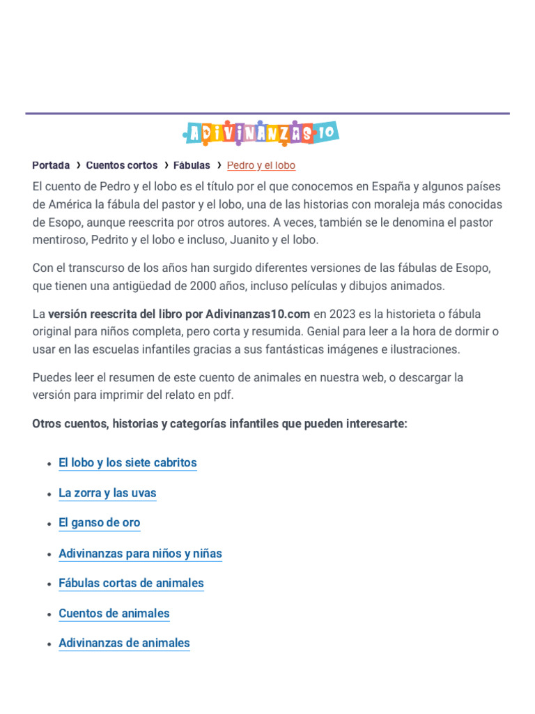 « PEDRO Y EL LOBO » Fábula Corta para Niños + Moraleja | PDF