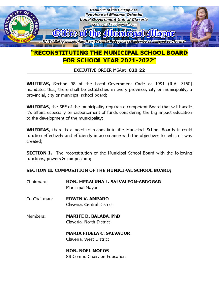 Eo - Reconstituting The Expanded Municipal School Board 2022 | PDF ...