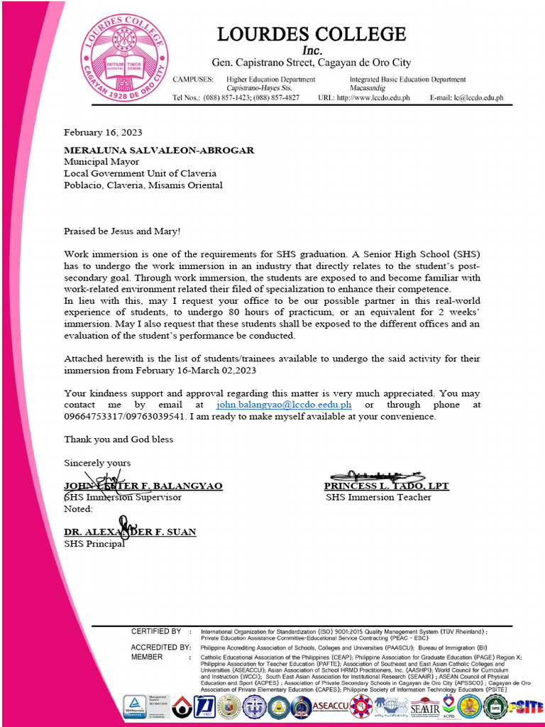 Letter To Mayor For Work Immersion | PDF