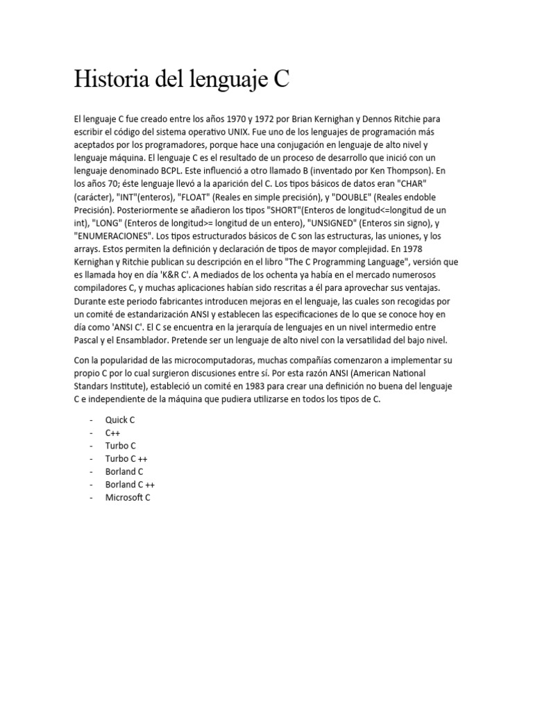Historia Del Lenguaje C | PDF | C (lenguaje de programación) | Lenguaje ...