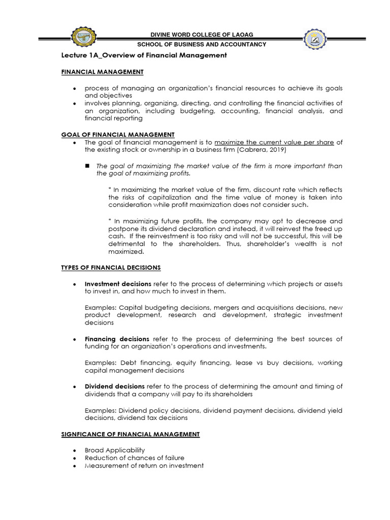 AE15 Lecture 1 - Overview of Financial Management | PDF