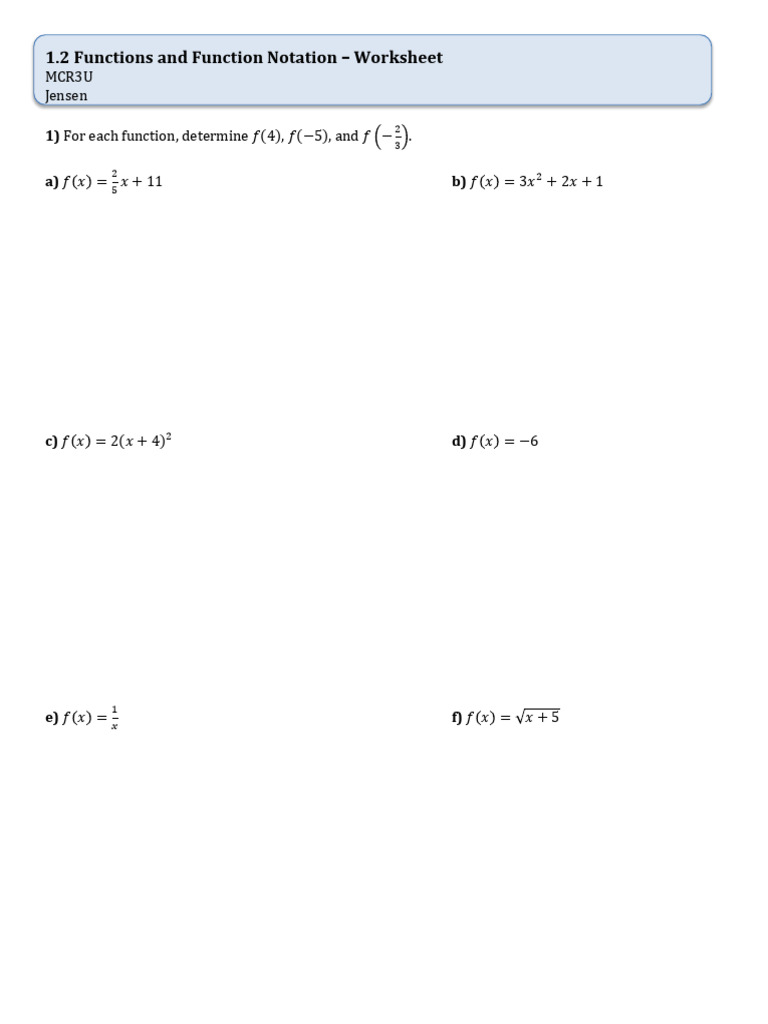 1.2 Functions and Function Notation - Worksheet | PDF | Computers