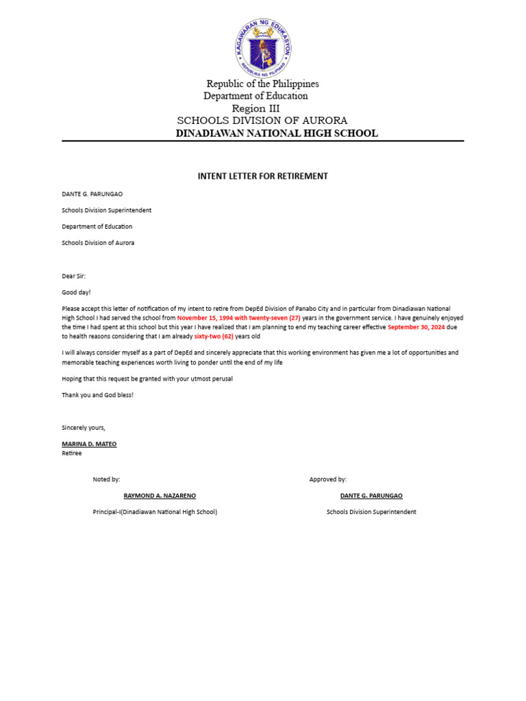 INTENT LETTER FOR RETIREMENT | PDF