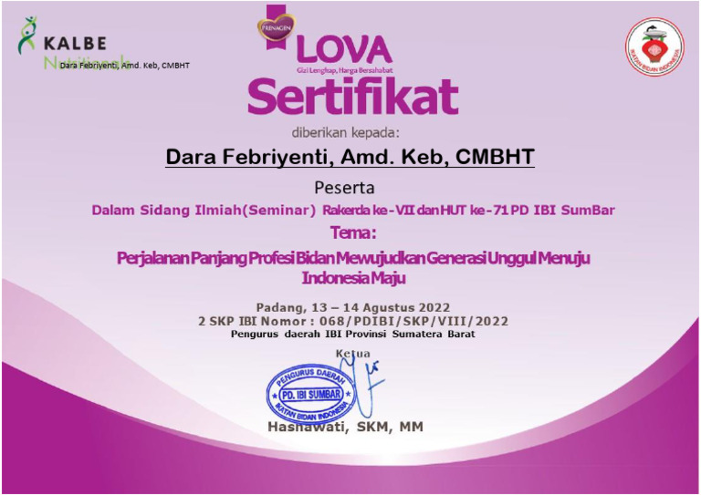 Sertifikat-Dara Febriyenti, Amd. Keb, CMBHT | PDF