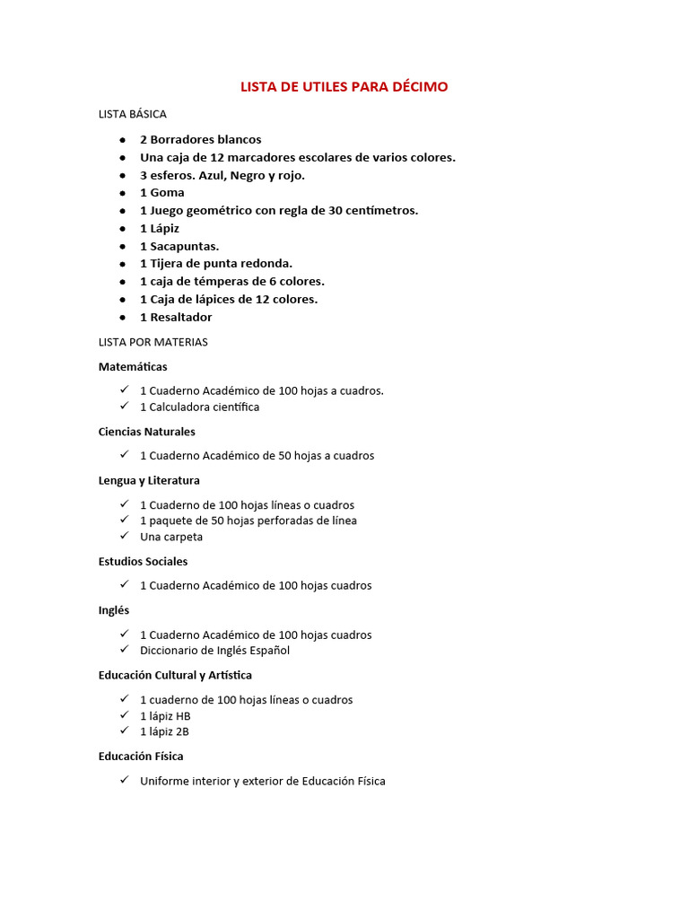 Lista de Utiles para Décimo | PDF