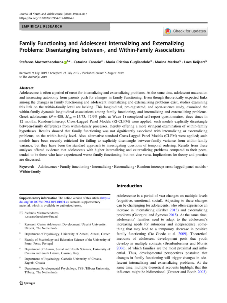 Family Functioning and Adolescent Internalizing and Externalizing Problems - Disentangling ...