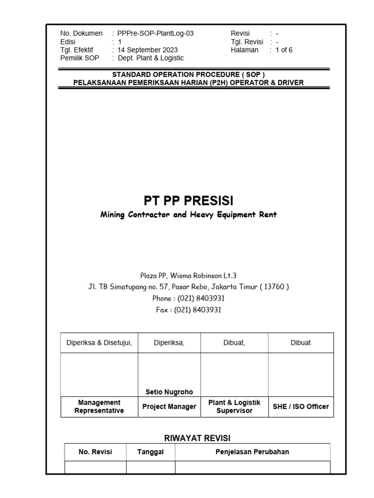 SOP P2H (PPPre-SOP-PlantLog-03) | PDF | Teknologi & Rekayasa