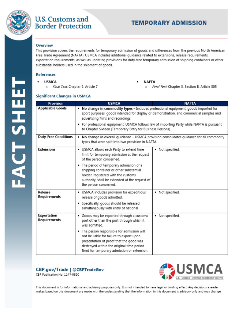 #7 - Temporary Admission of Goods - USMCA Informational Fact Sheet-3 | PDF