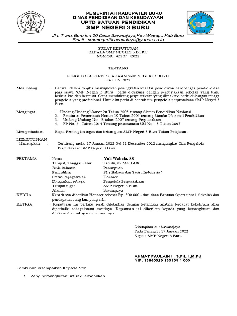 SK Pengelola Perpustakaan 2022 | PDF