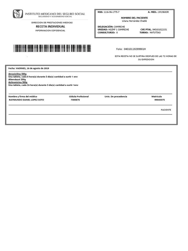 Receta IMSS Editable Infeccion de Estomago | PDF