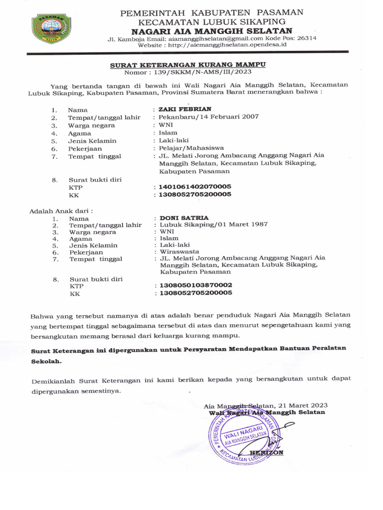 Surat Keterangan Kurang Mampu ZAKI | PDF