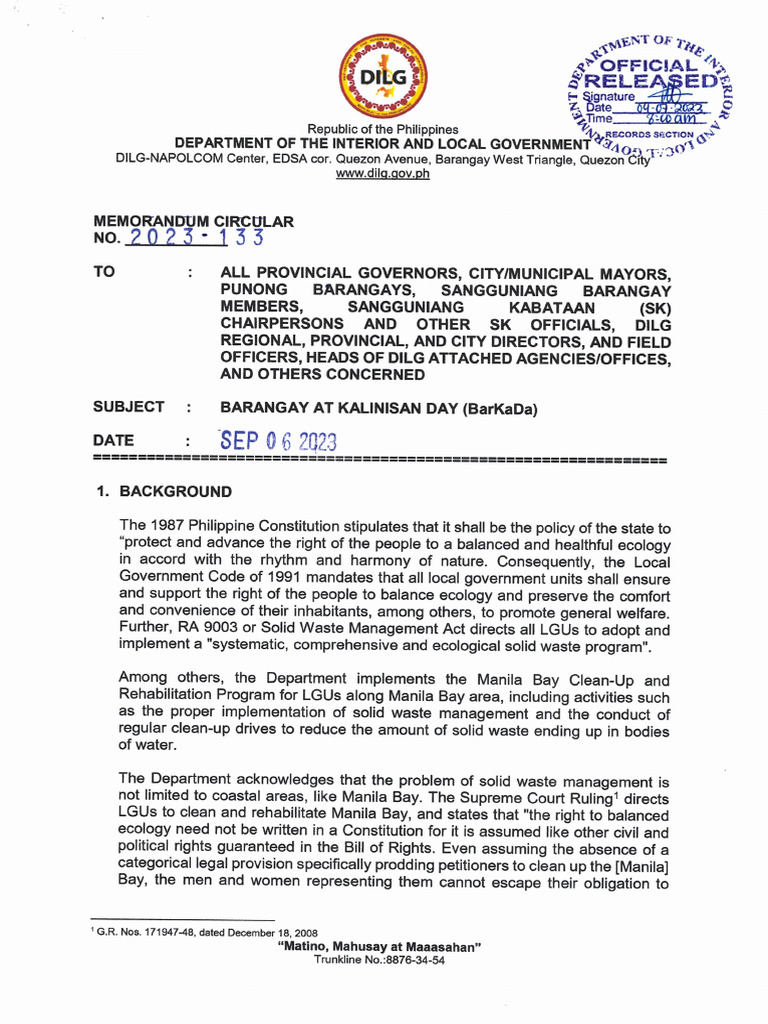 Memorandum Circular No 2023-133 Re Barangay at Kalinisan Day (Barkada) | PDF