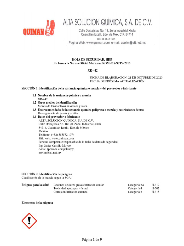 Hoja Seguridad XR 442 | Descargar gratis PDF | Agua | Residuos