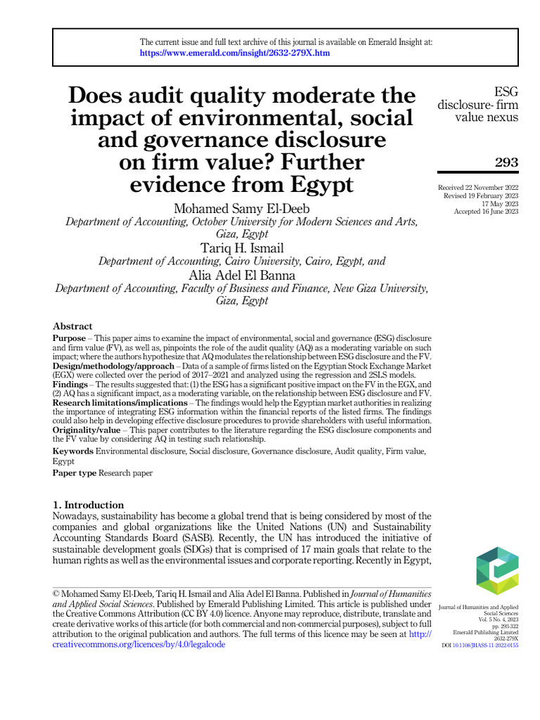 Audit Quality Moderate ESG Disclosure and Firm Value | PDF