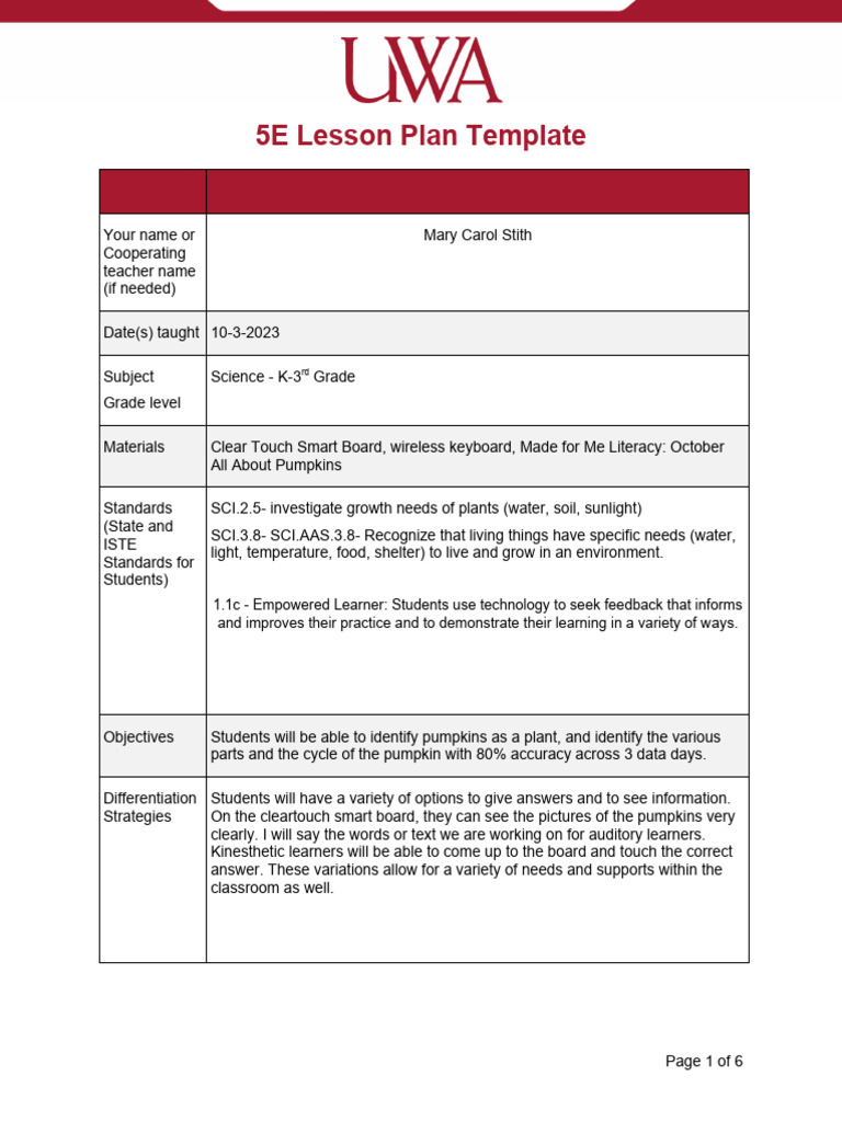 5e Lesson Plan Template | PDF | Lesson Plan | Learning
