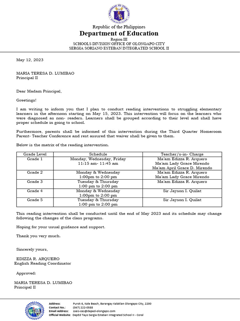 LETTER FOR READING INTERVENTION | PDF