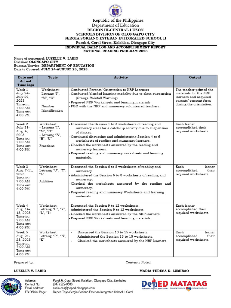 Individual Daily Log and Accomplishment Report - NRP | PDF | Learning ...
