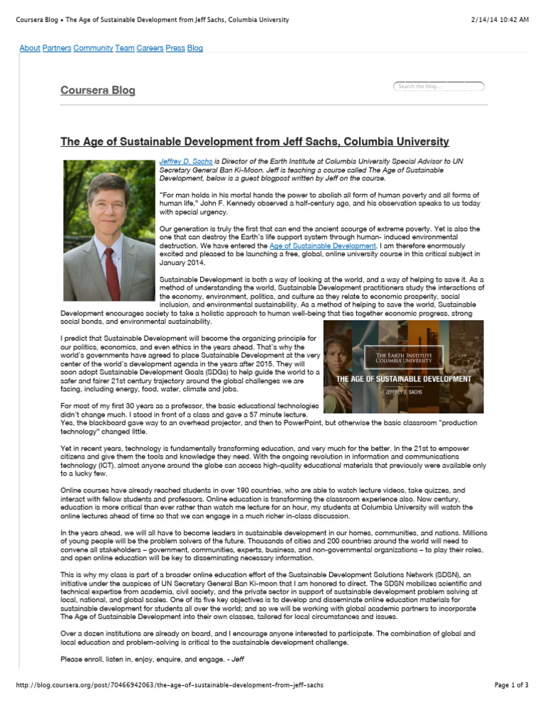 " The Age of Sustainable Development From Jeff Sachs, Columbia ...
