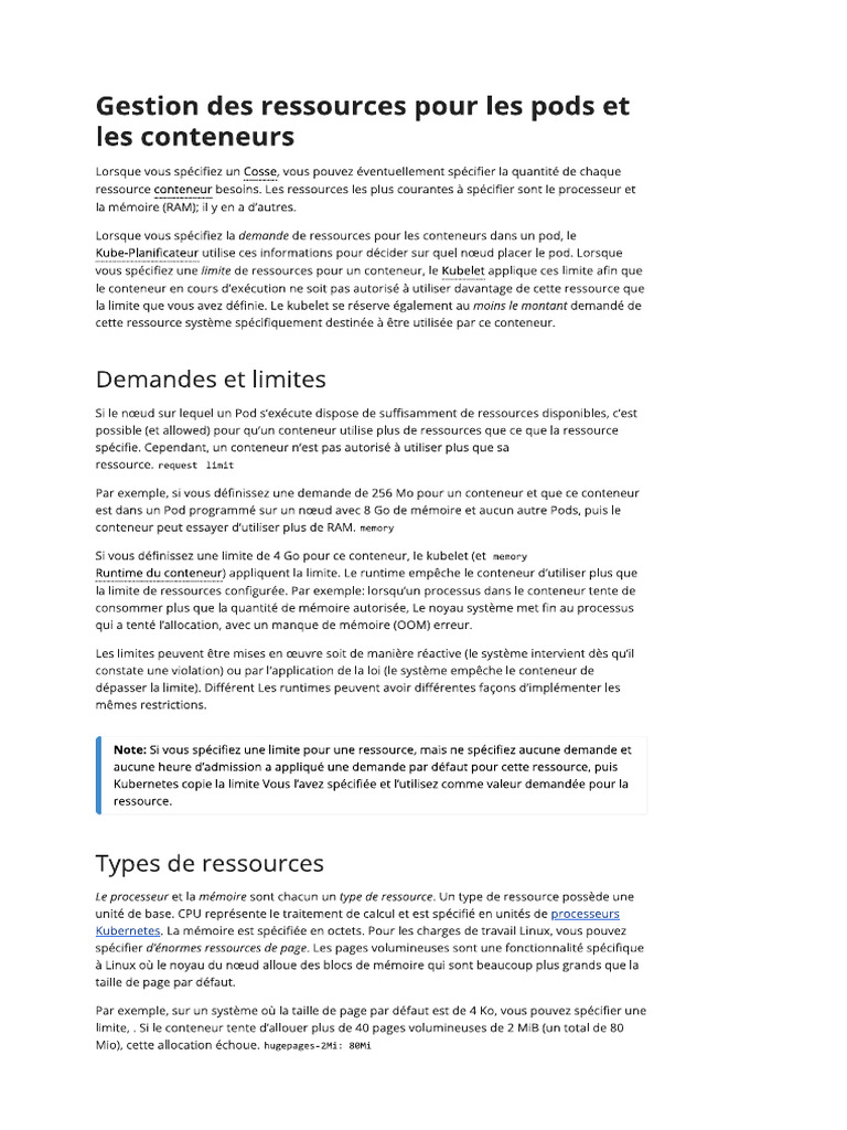 Gestion des ressources pour les pods K8S | PDF